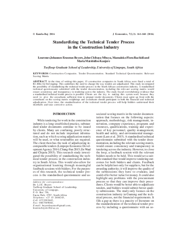 (PDF) Standardizing the Technical Tender Process in the Construction Industry