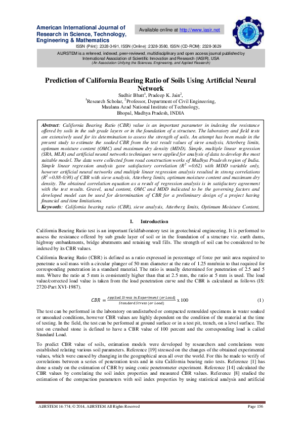(PDF) Prediction of California Bearing Ratio of Soils Using Artificial Neural Network