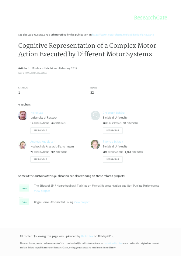 (PDF) Cognitive Representation of a Complex Motor Action Executed by ...