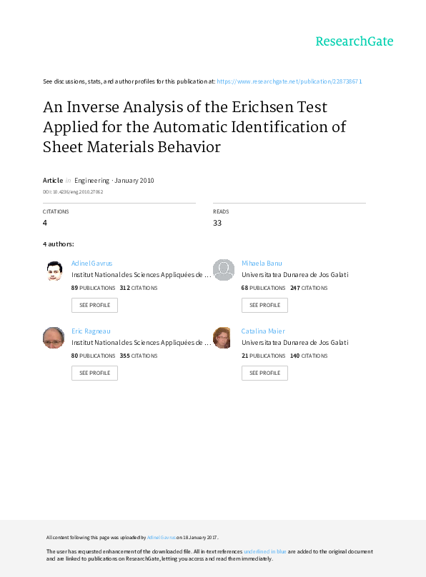 (PDF) An Inverse Analysis of the Erichsen Test Applied for the ...