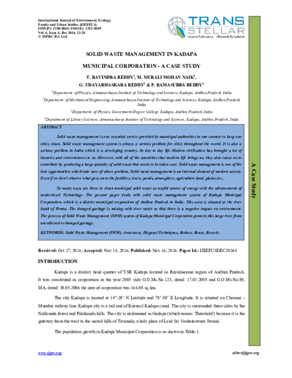 (PDF) SOLID WASTE MANAGEMENT IN KADAPA MUNICIPAL CORPORATION -A CASE STUDY