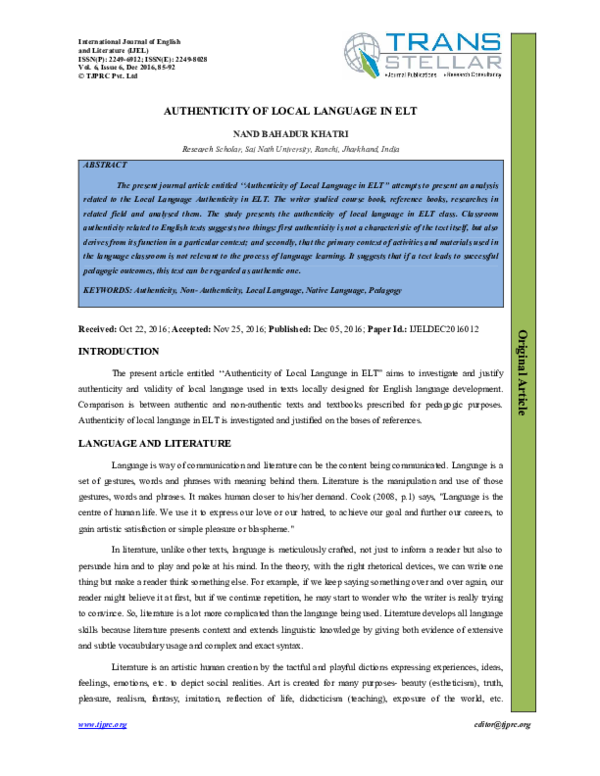 (PDF) AUTHENTICITY OF LOCAL LANGUAGE IN ELT