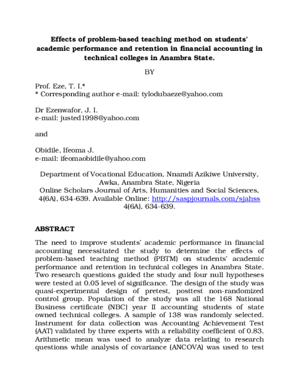 (PDF) Effects of problem-based teaching method on students' academic performance and retention ...