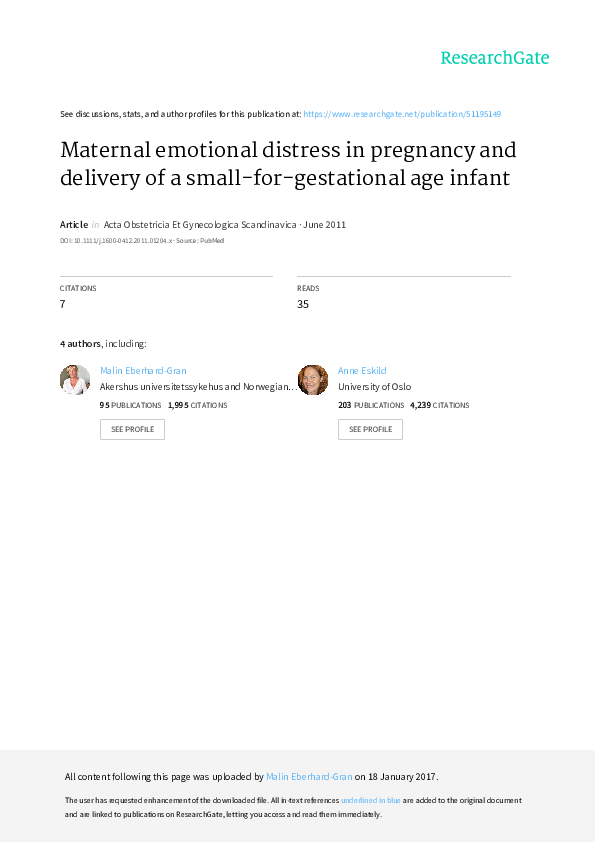 (PDF) Maternal emotional distress in pregnancy and delivery of a small ...