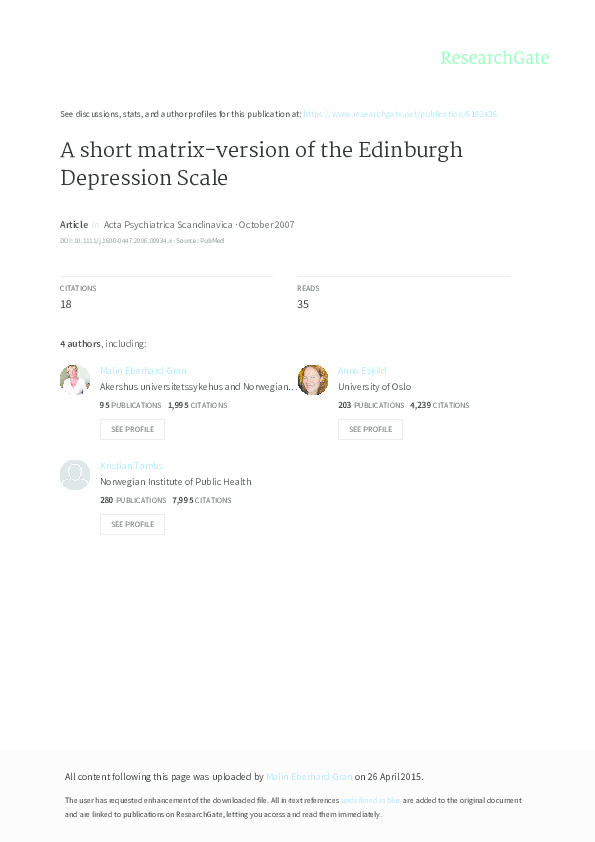 (PDF) A short matrix-version of the Edinburgh Depression Scale