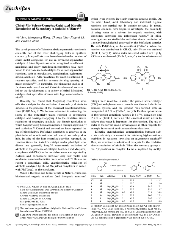 (PDF) Chiral‐Mn (Salen)‐Complex‐Catalyzed Kinetic Resolution of ...