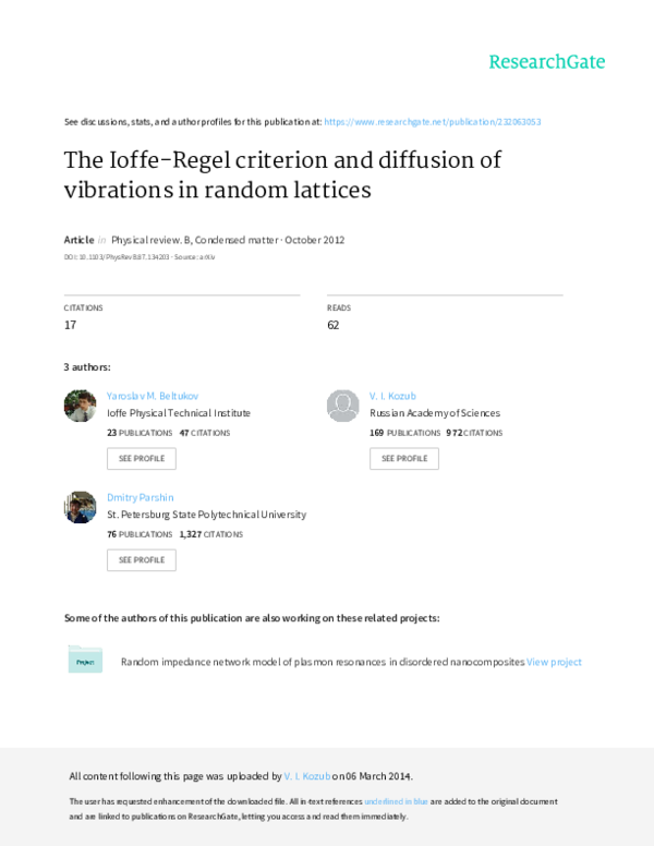 (PDF) Ioffe-Regel criterion and diffusion of vibrations in random lattices