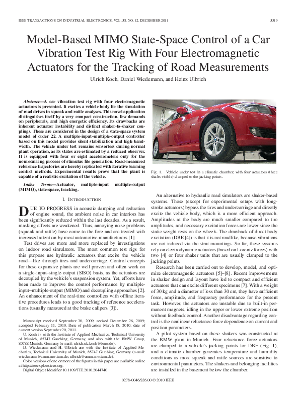 Pdf Model Based Mimo State Space Control Of A Car Vibration Test Rig With Four Electromagnetic