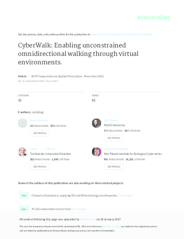 Pdf Cyberwalk Enabling Unconstrained Omnidirectional Walking Through Virtual Environments