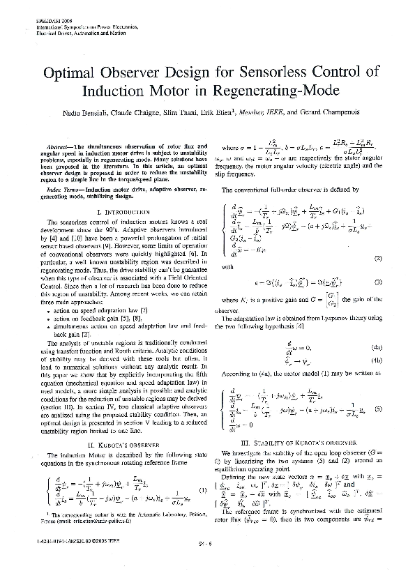 Pdf Optimal Observer Design For Sensorless Control Of Induction Motor In Regenerating Mode