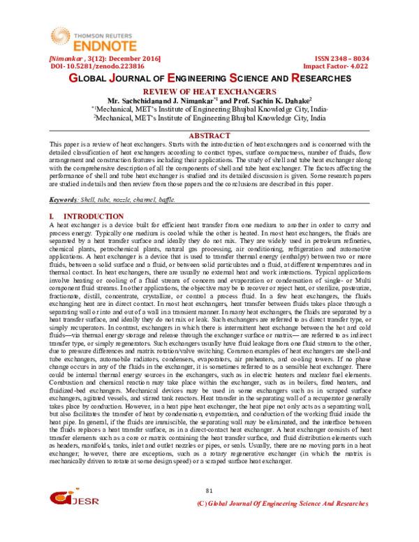 (PDF) REVIEW OF HEAT EXCHANGERS