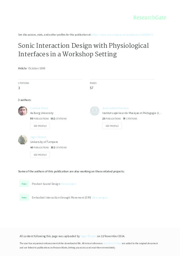 (PDF) Sonic interaction design with physiological interfaces in a workshop setting | Cumhur ...
