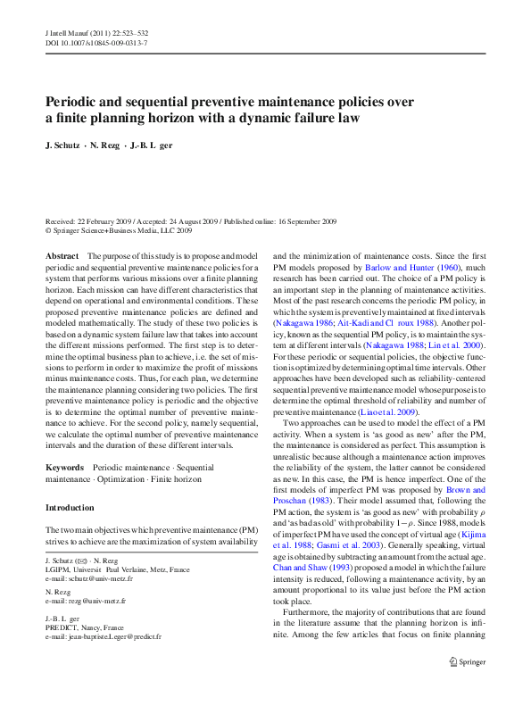 (PDF) Periodic and Sequential Preventive Maintenance Policies Over a Finite Planning Horizon ...