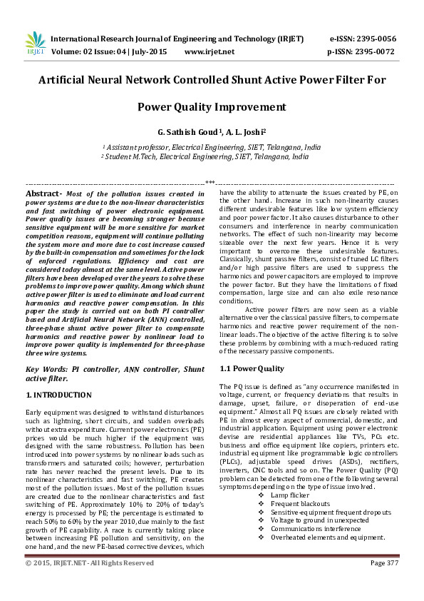 (PDF) Artificial Neural Network Controlled Shunt Active Power Filter For Power Quality Improvement