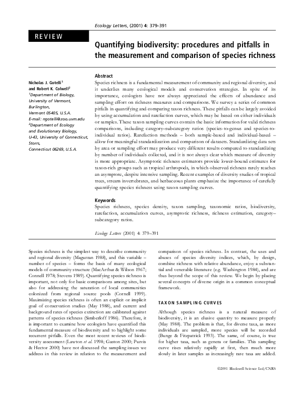 Pdf Quantifying Biodiversity Procedures And Pitfalls In The Measurement And Comparison Of