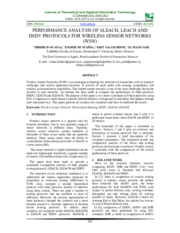 (PDF) PERFORMANCE ANALYSIS OF SLEACH, LEACH AND DSDV PROTOCOLS FOR WIRELESS SENSOR NETWORKS (WSN