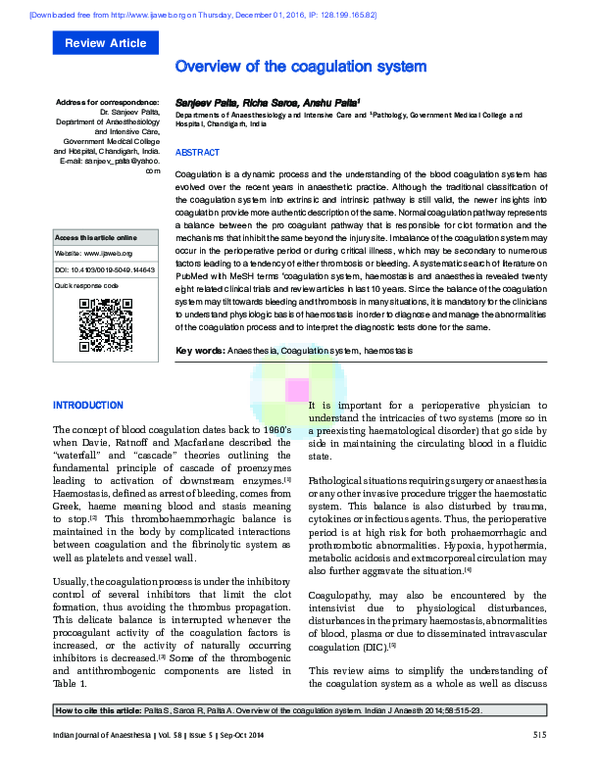 (PDF) Overview of coagulation system