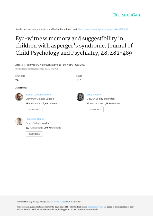 (PDF) Eyewitness Memory and Suggestibility In Children With Mental ...