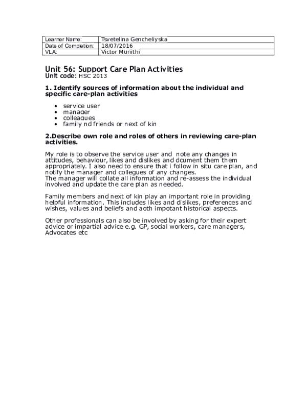 (DOC) Unit 56: Support Care Plan Activities