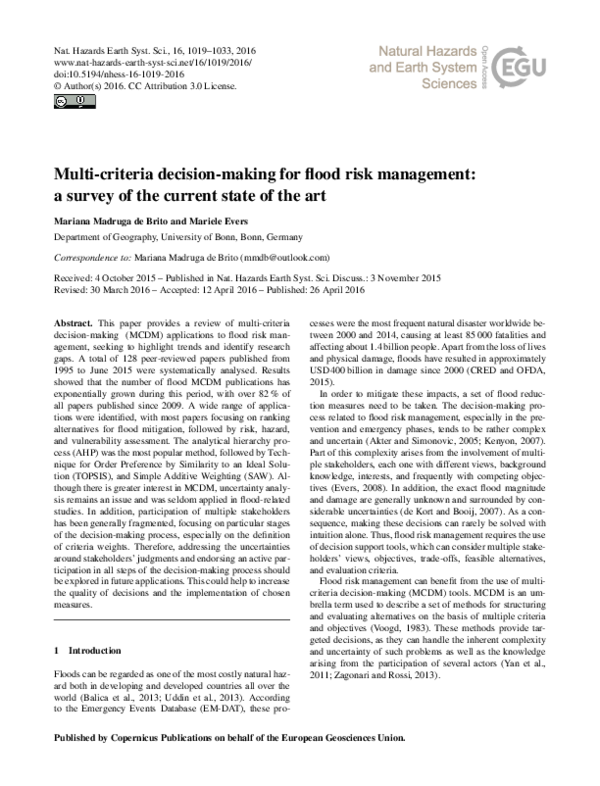 (PDF) Multi-criteria decision-making for flood risk management: a ...