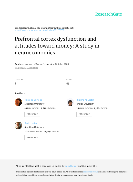 (PDF) Prefrontal Cortex Dysfunction and Attitudes Toward Money: A Study ...