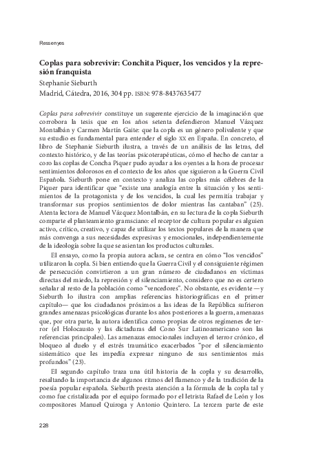 (PDF) Reseña: "Coplas para sobrevivir. Conchita Piquer, los vencidos y la represión franquista ...