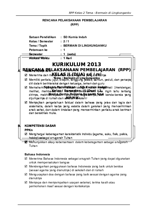 (DOC) RPP Kelas 2 tema bermain dilingkunganku subtema bermain dilingkungan rumah pemb 1 ...