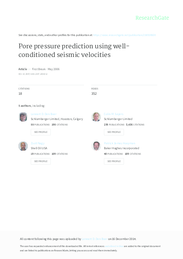 (PDF) Pore Pressure Prediction Using Well-Conditioned Seismic Velocities