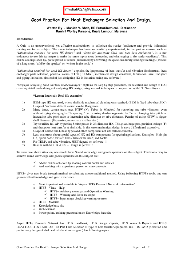 (PDF) Good Practice For Heat Exchanger Selection And Design Good ...