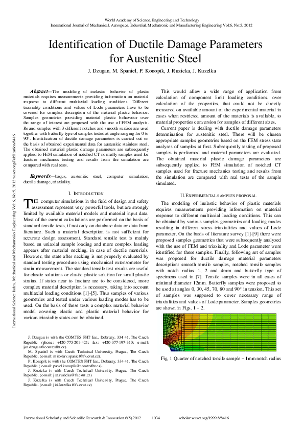 (PDF) Identification of Ductile Damage Parameters for Austenitic Steel