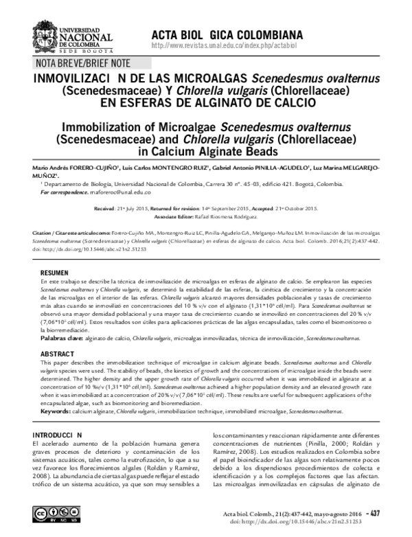 (PDF) Immobilization of Microalgae Scenedesmus ovalternus (Scenedesmaceae) and Chlorella ...