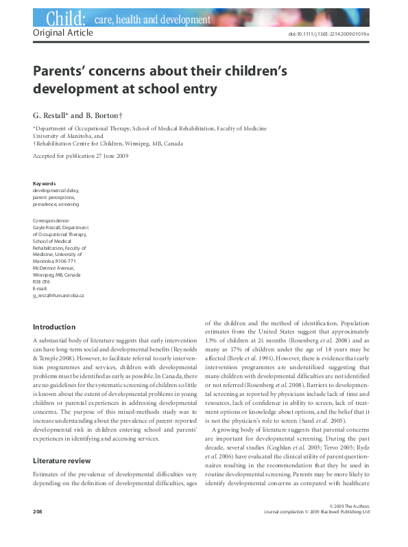 (PDF) Parents' concerns about their children's development at school entry