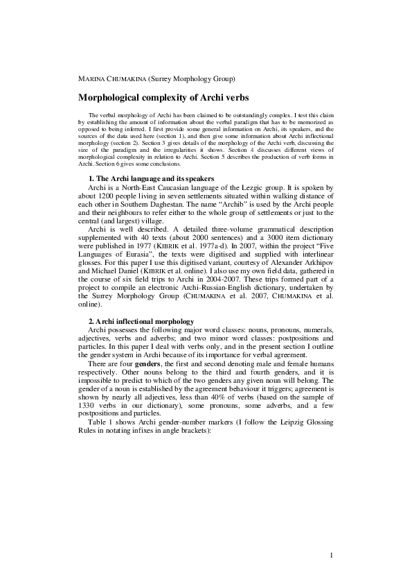 (PDF) Morphological complexity of Archi verbs