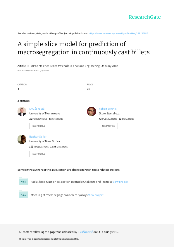 (PDF) A simple slice model for prediction of macrosegregation in continuously cast billets