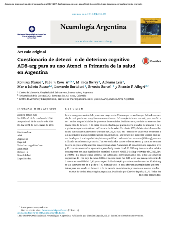 (PDF) Cuestionario de detección de deterioro cognitivo AD8-arg para su ...