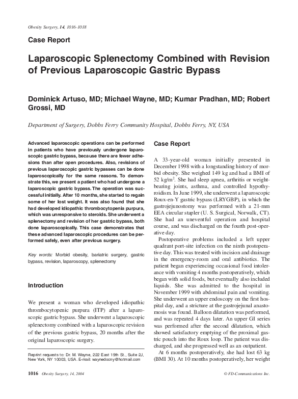 (PDF) Laparoscopic Splenectomy Combined with Revision of Previous ...