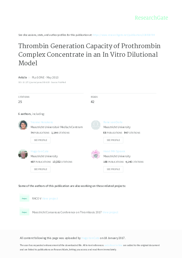 (PDF) Thrombin Generation Capacity of Prothrombin Complex Concentrate ...