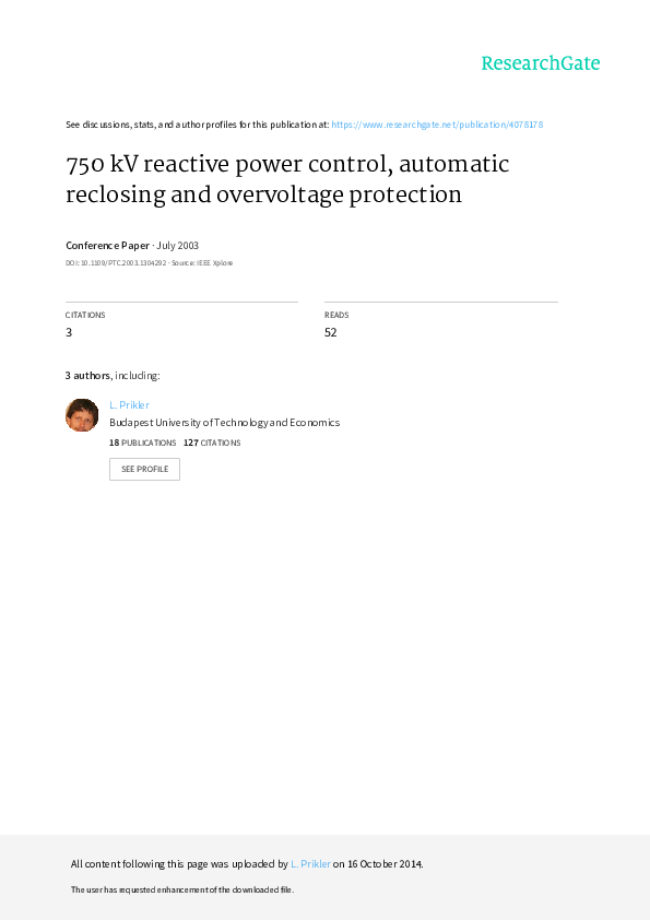 (PDF) 750 kV reactive power control, automatic reclosing and overvoltage protection