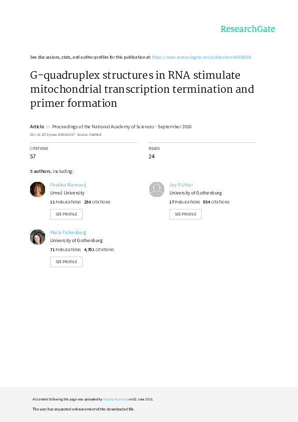 (PDF) G-Quadruplex Structures In RNA Stimulate Mitochondrial Transcription Termination and ...