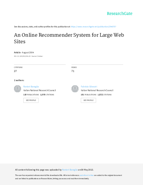 (PDF) An Online Recommender System for Large Web Sites