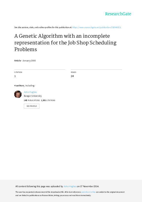 Pdf A Genetic Algorithm With An Incomplete Representation For The Job Shop Scheduling Problems