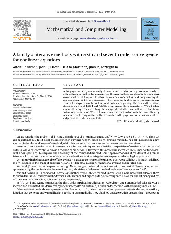 (PDF) A Family of Iterative Methods With Sixth and Seventh Order Convergence for Nonlinear Equations