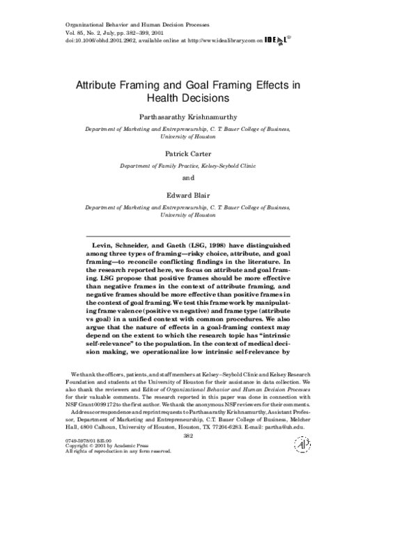 (PDF) Attribute Framing and Goal Framing Effects In Health Decisions