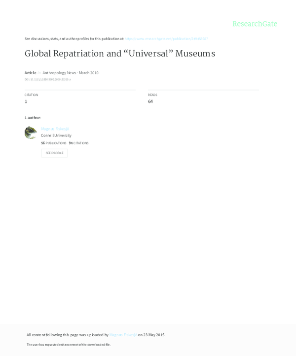(PDF) Global Repatriation and "Universal" Museums