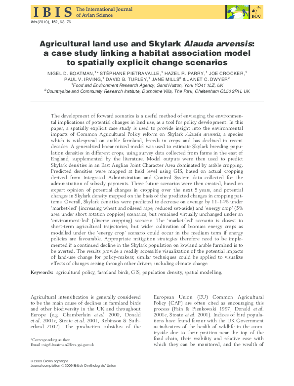 (PDF) Agricultural Land Use and Skylark Alauda Arvensis: a Case Study Linking a Habitat ...