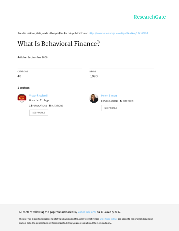 (PDF) What is Behavioral Finance?