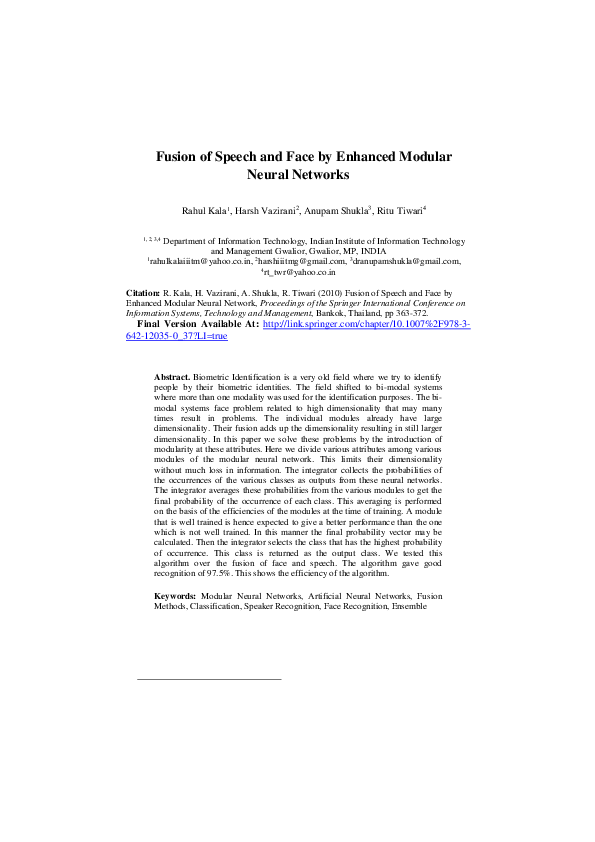 (PDF) Fusion of Speech and Face by Enhanced Modular Neural Network