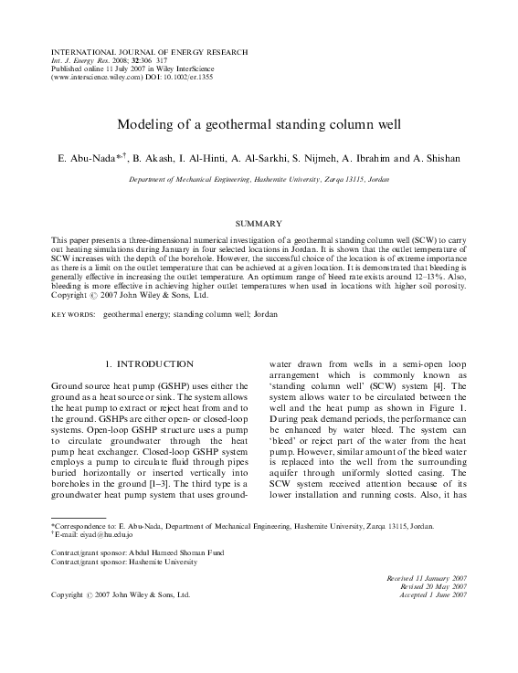 (PDF) Modeling of a geothermal standing column well | Eiyad Abu-Nada ...
