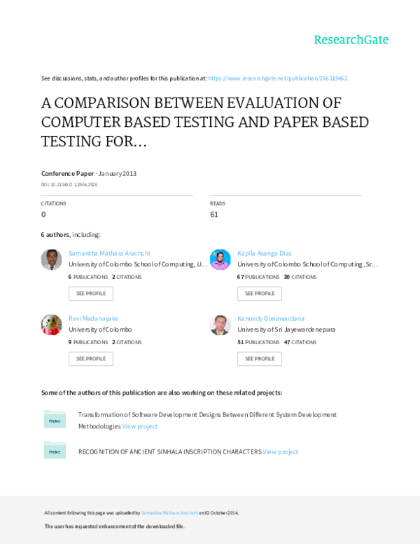 A Comparison Between Evaluation Of Computer Based Testing And Paper Based Testing For Subjects