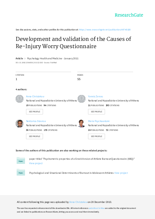 (PDF) Development and validation of the Causes of Re-Injury Worry ...